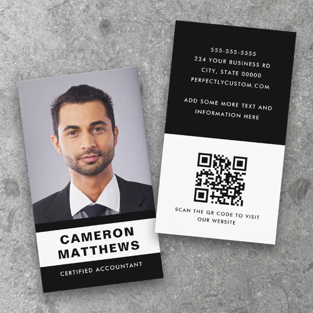 Modern black and white add photo QR code Business Card | Zazzle
