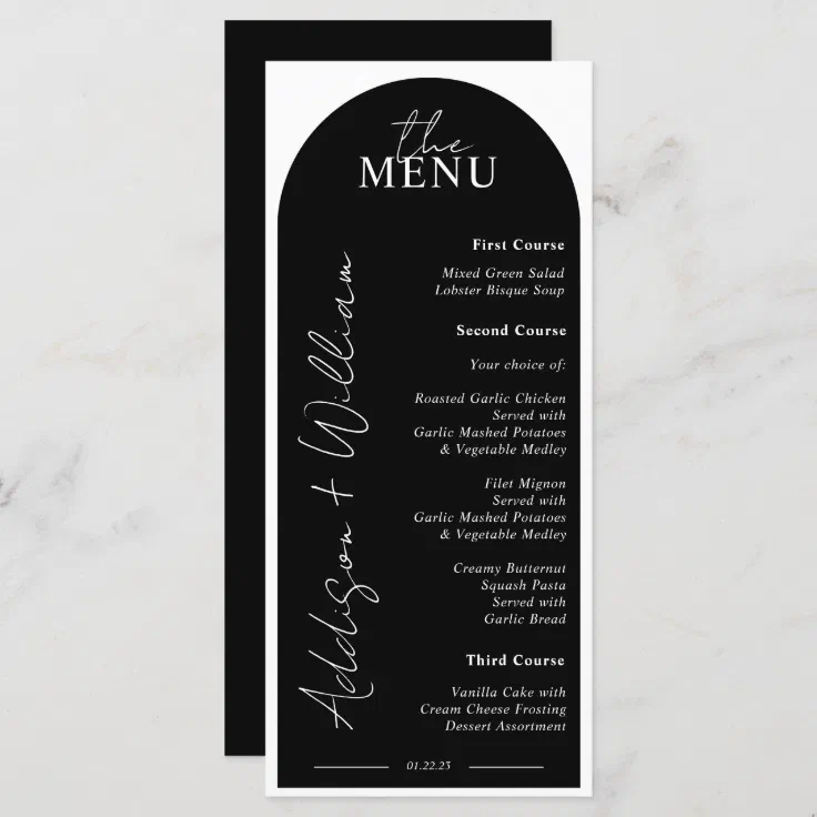 Modern Black and White Arch Wedding Menu | Zazzle