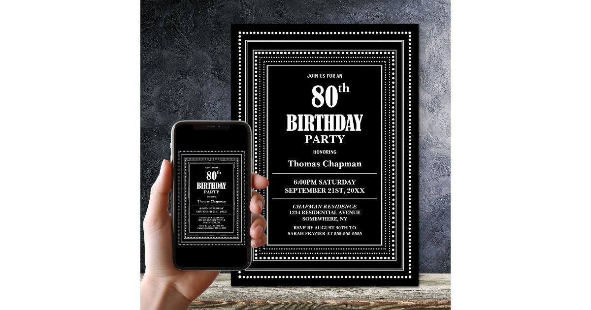 Modern Black and White Border 80th Birthday Party Invitation | Zazzle