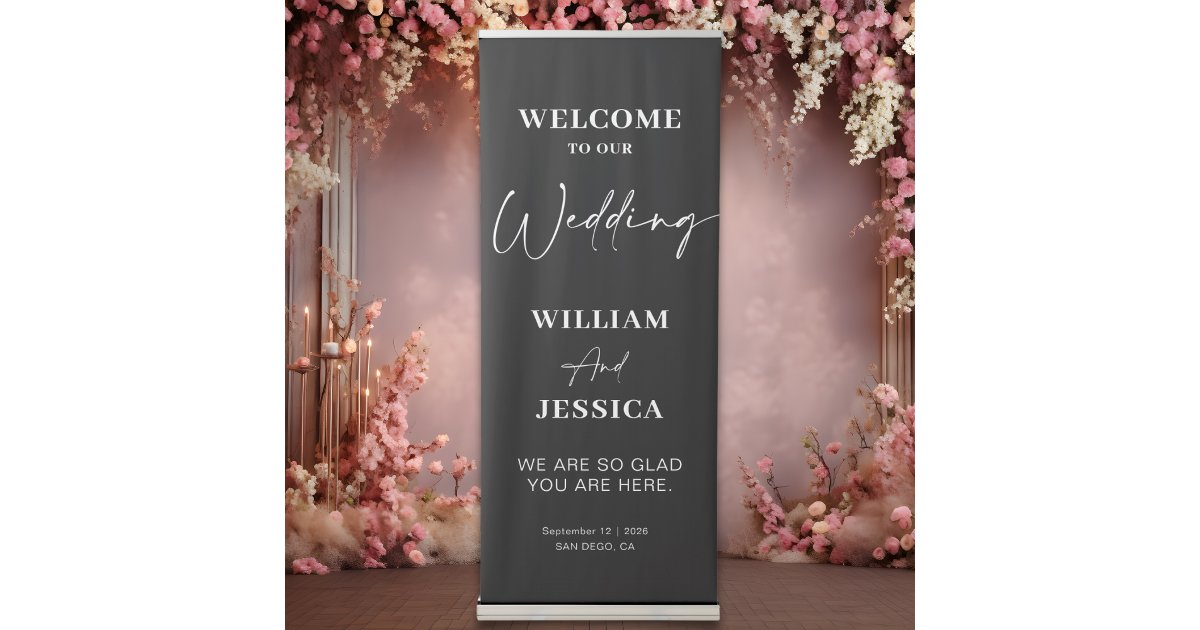 Modern Black and White Calligraphy Wedding Welcome Retractable Banner ...