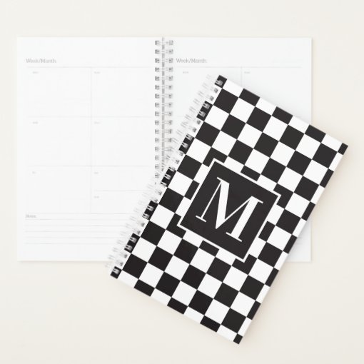Modern Black and White Checkered Pattern Monogram Planner | Zazzle