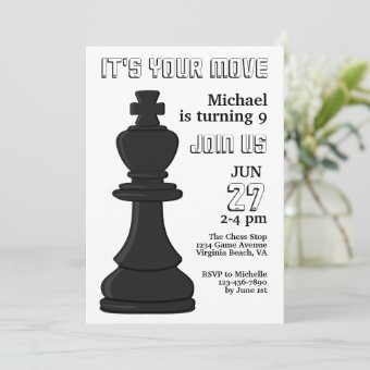 Modern Black and White Chess Piece King Birthday Invitation | Zazzle