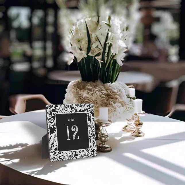 Modern Black and White Elegant Floral Damask Table Plaque | Zazzle