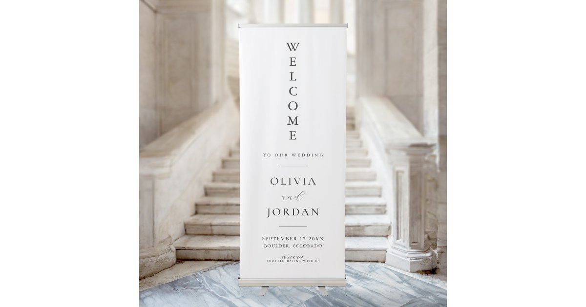 Modern Black and White Elegant Wedding Welcome Retractable Banner | Zazzle