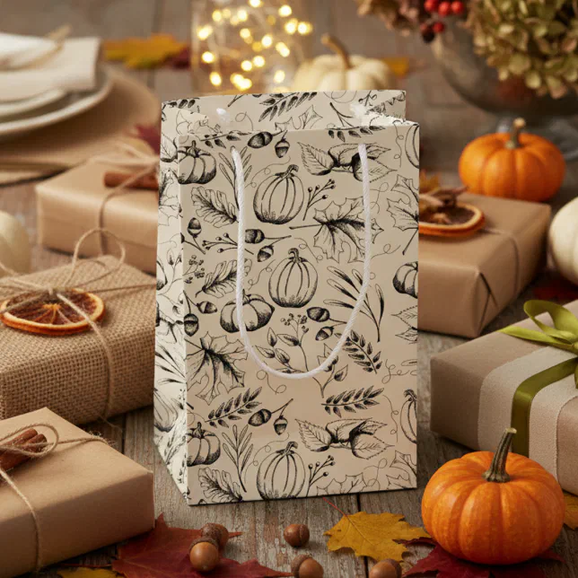Modern Black and White Fall Pumpkins & Leaves Small Gift Bag | Zazzle