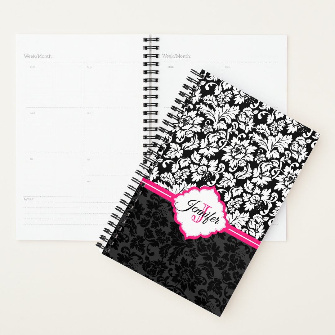 Modern Black And White Floral Damask Planner | Zazzle