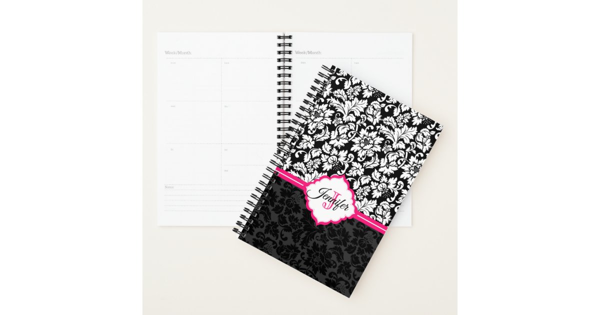 Modern Black And White Floral Damask Planner | Zazzle