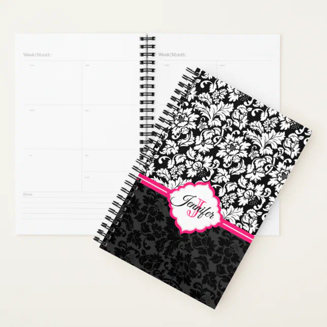 Modern Black And White Floral Damask Planner | Zazzle
