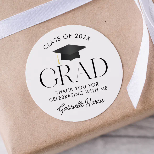 Modern Black and White Graduation Cap Classic Round Sticker | Zazzle