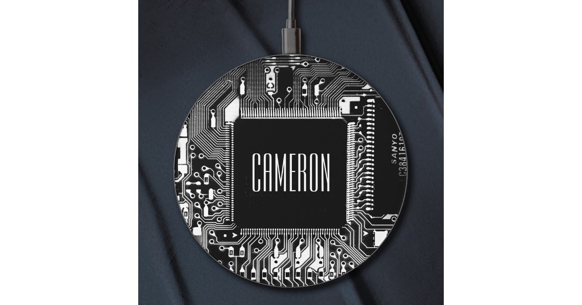Modern Black and White PCB Microchip Geeky Custom Wireless Charger | Zazzle