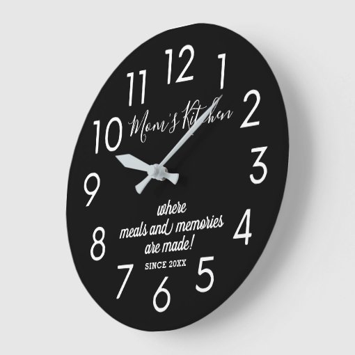 Modern Black And White Personalized Mom's Kitchen Large Clock | Zazzle