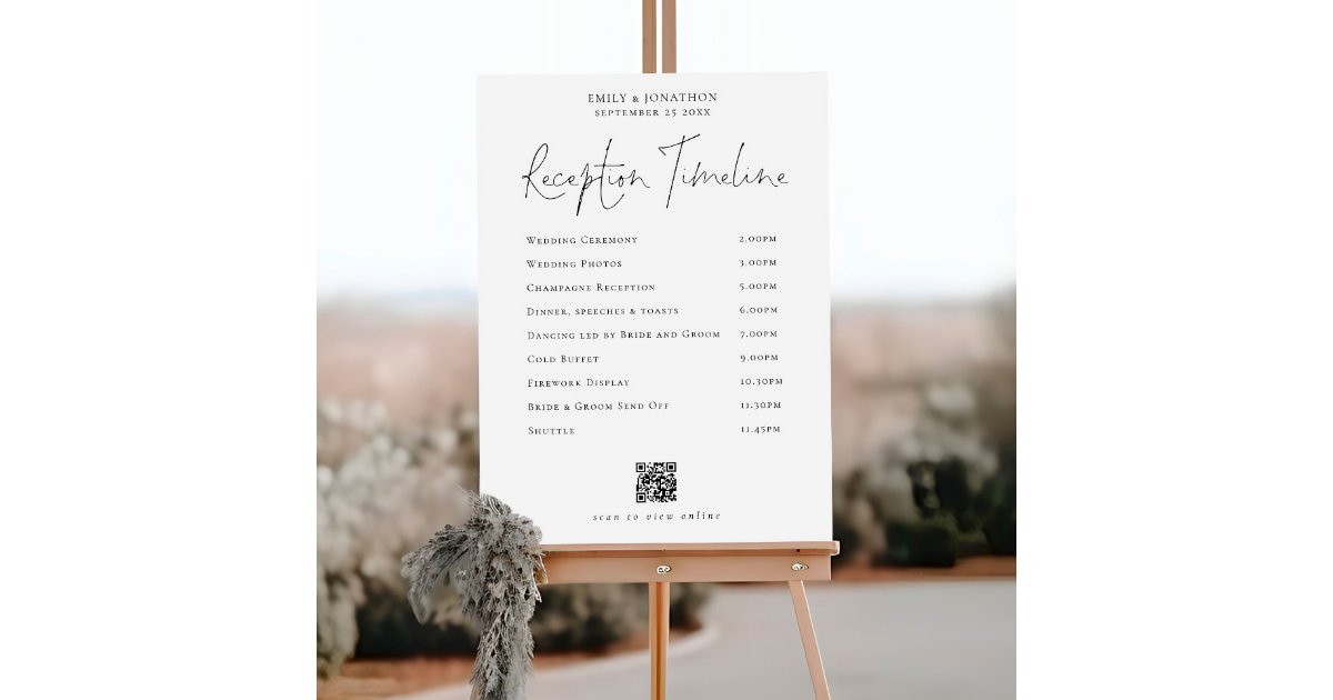 Modern Black and White Reception Timeline QR Code Foam Board | Zazzle