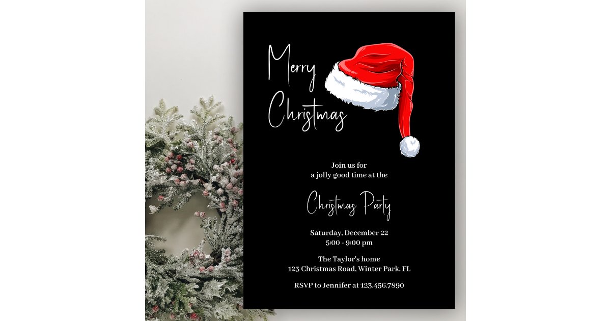 Modern Black and White Santa Hat Christmas Party Invitation | Zazzle