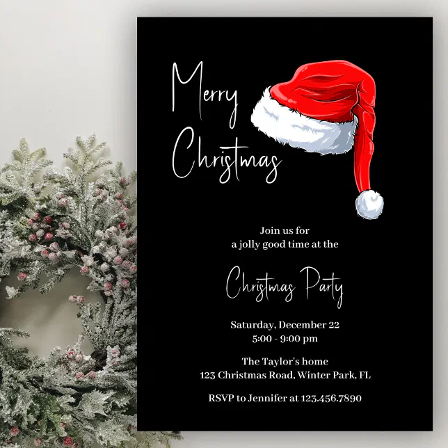 Modern Black and White Santa Hat Christmas Party Invitation | Zazzle