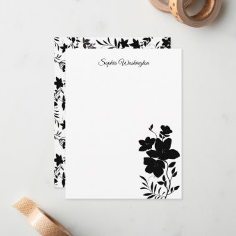 Modern Black and White Script Floral Blank Note Card | Zazzle