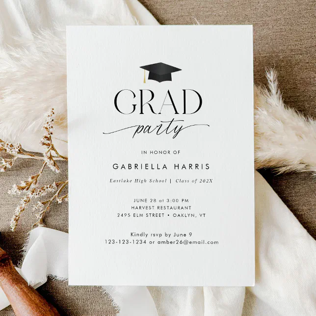 Modern Black and White Script Grad Party Invitation | Zazzle