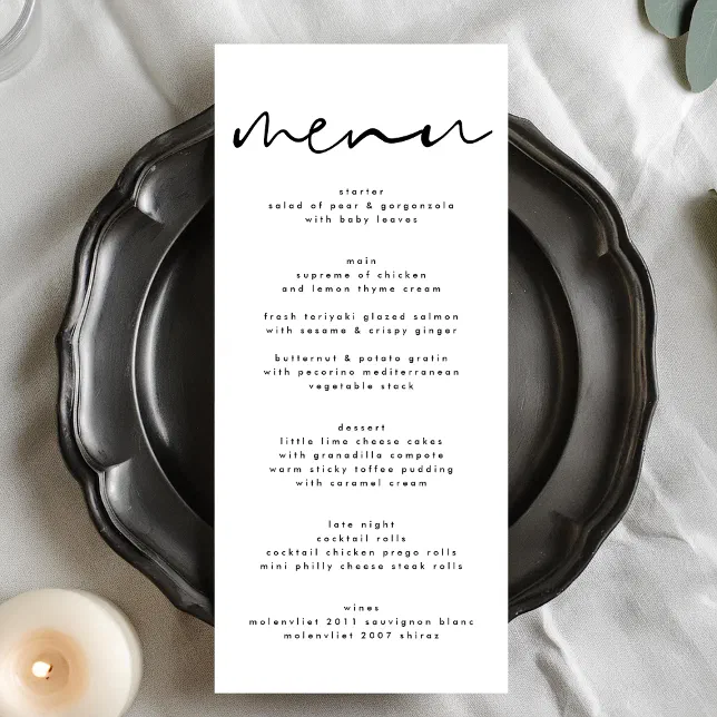 Modern Black and White Wedding Menu | Zazzle