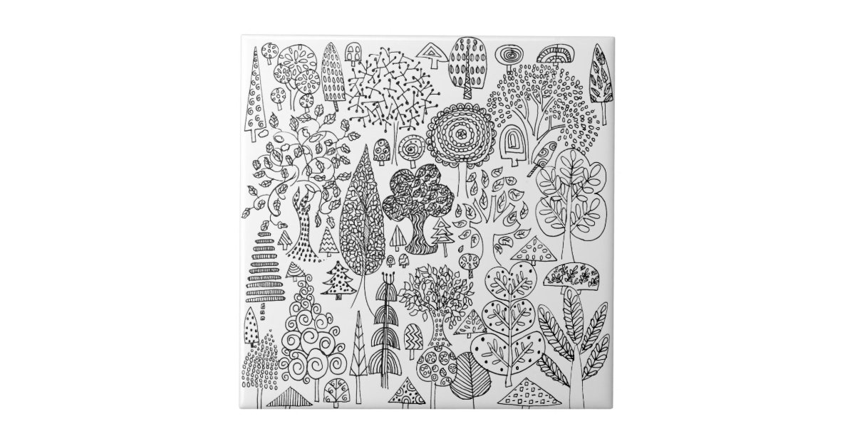 Modern Black and White Whimsical Tree Patterned Ceramic Tile | Zazzle
