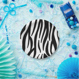 Modern black and white zebra stripes pattern paper plates | Zazzle