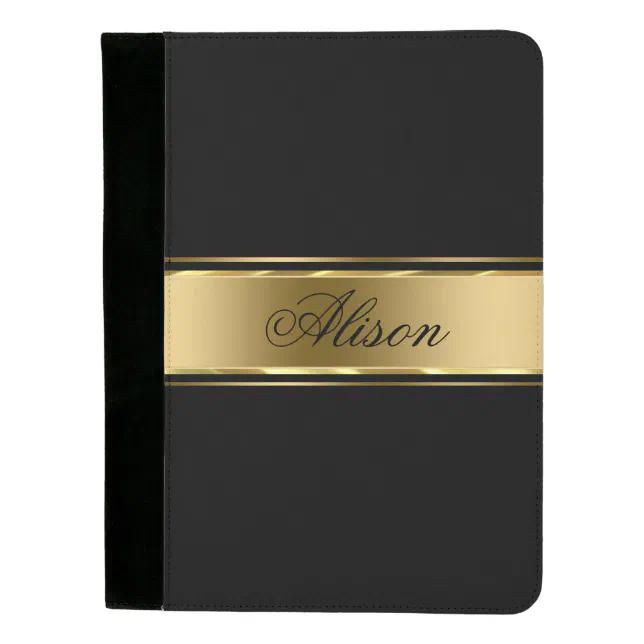 Modern Black Background And Gold Stripe Padfolio | Zazzle