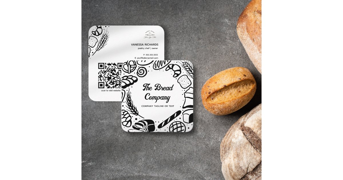 Modern Black Baked Goods Border QR Code Bakery Square Business Card ...