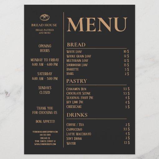 Modern Black Bakery, Caffee Table Menu | Zazzle