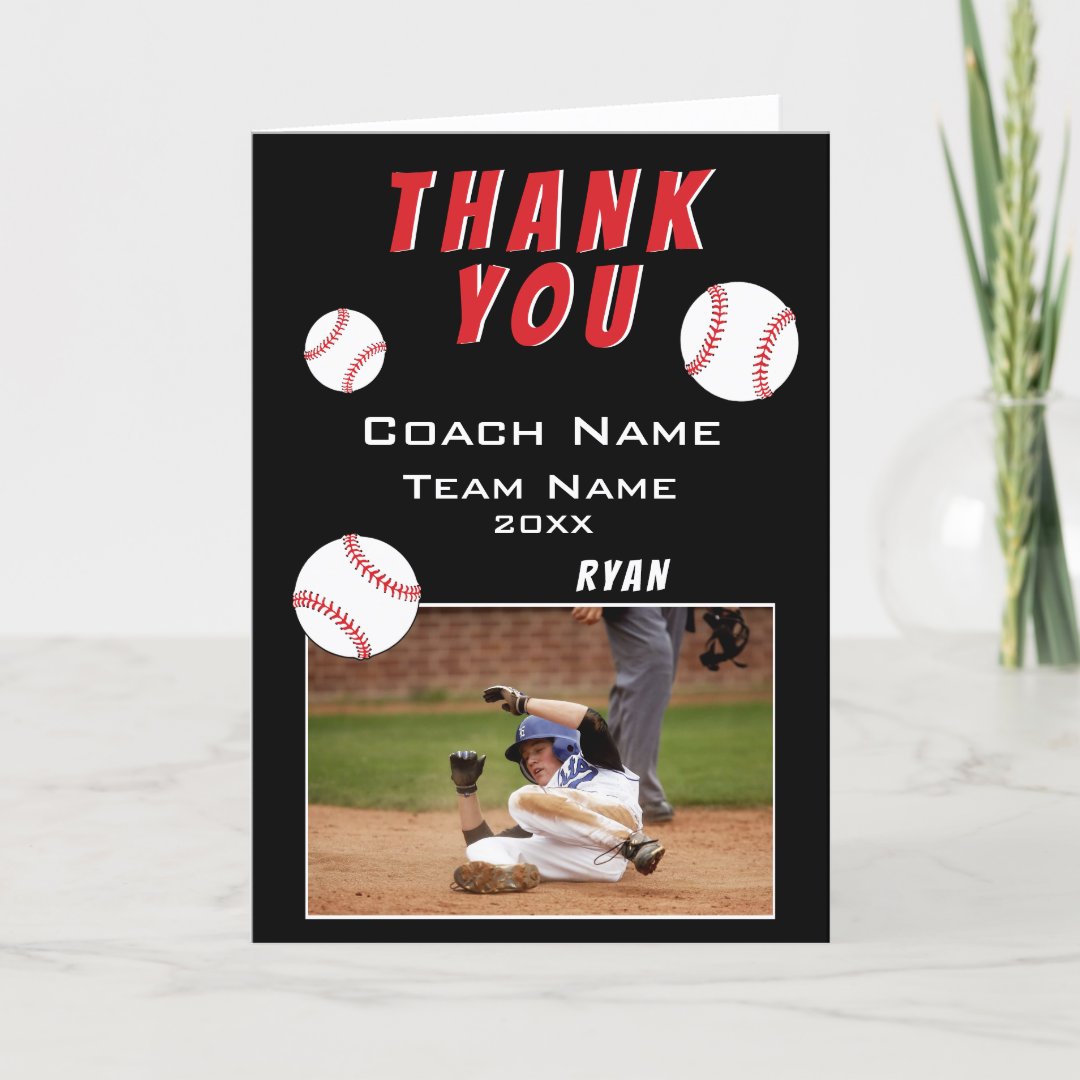 Modern Black Baseball Thank you Coach Photo Card | Zazzle