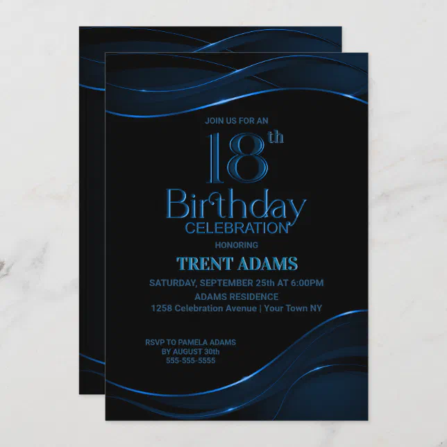 Modern Black Blue 18th Birthday Party Invitation | Zazzle