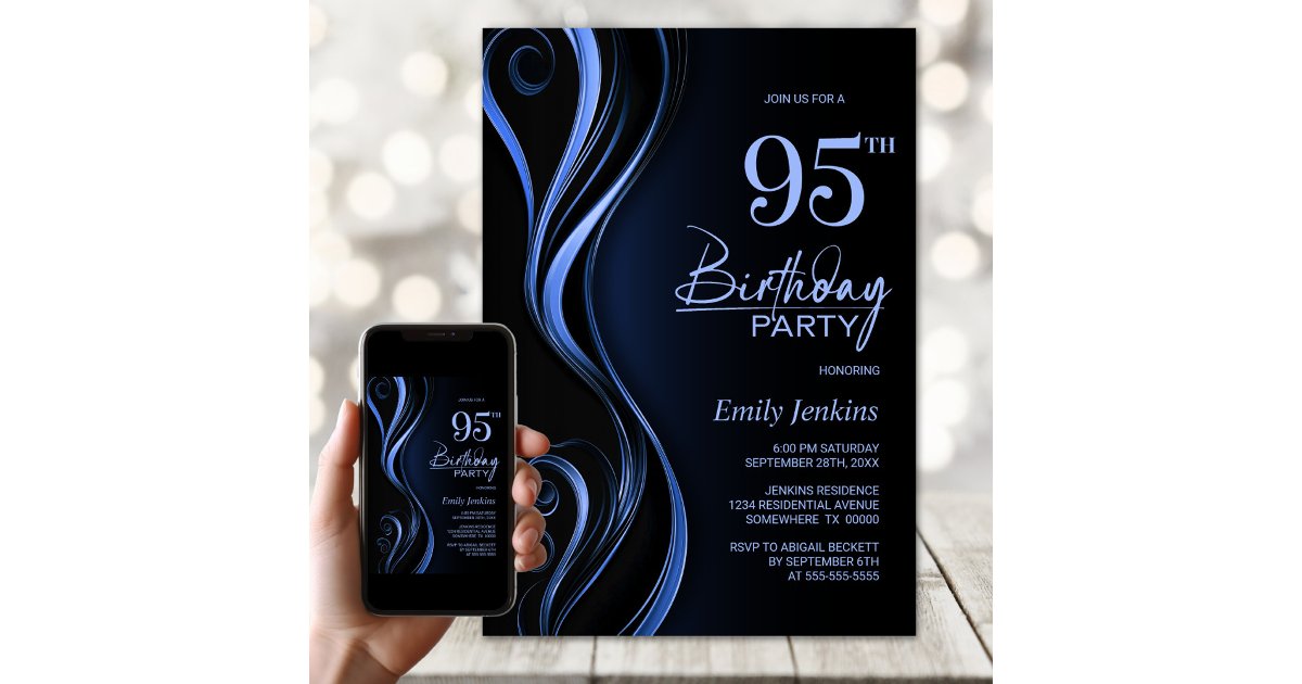 Modern Black Blue 95th Birthday Party Invitation | Zazzle