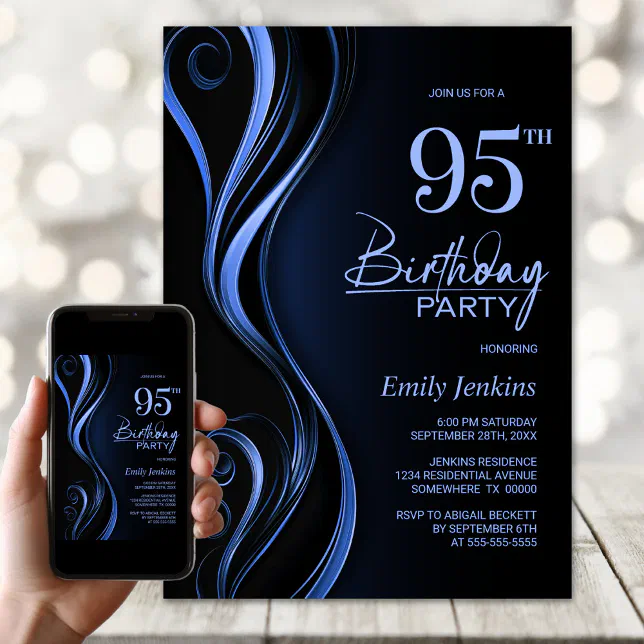 Modern Black Blue 95th Birthday Party Invitation | Zazzle