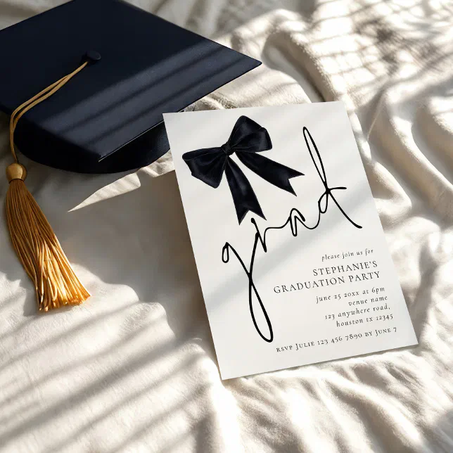 Modern Black Bow Script Grad Graduation Invitation | Zazzle