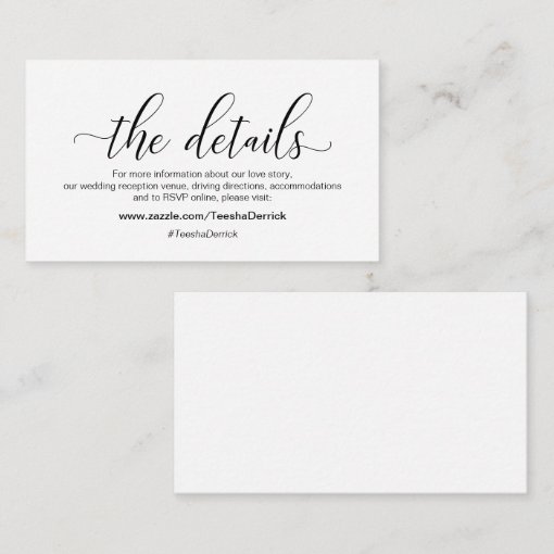 Modern black calligraphy, Our Details, website Enclosure Card | Zazzle