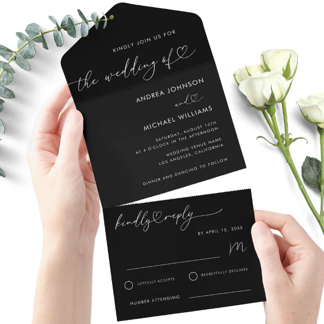 Modern Black Chic Heart Script Minimalist Wedding All In One Invitation ...
