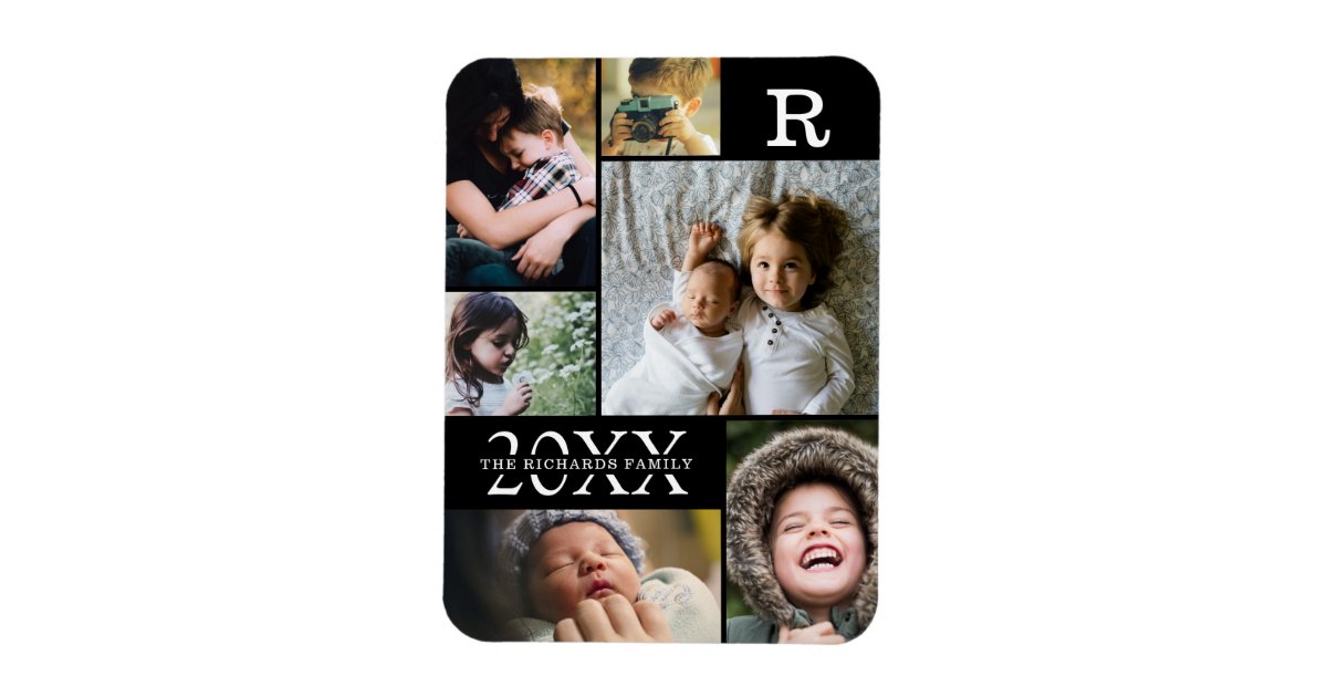 Modern Black Color Block Family 6 Photo Collage Magnet | Zazzle