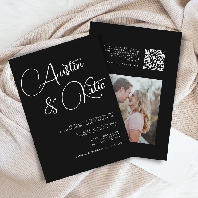 Modern Black Contemporary Script Photo Wedding QR Invitation | Zazzle