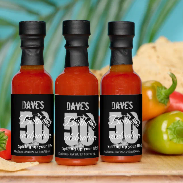 Modern Black Custom 50th Any Birthday Party Hot Sauces | Zazzle
