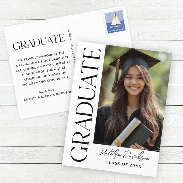 Modern Black Custom Graduate Photo Graduation Announcement Postcard ...