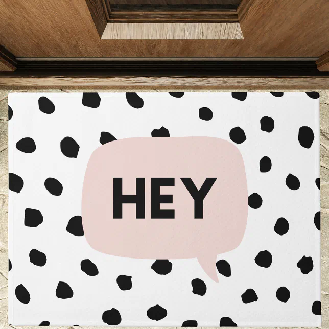 Modern Black Dots & Bubble Chat Pink With Hey Doormat | Zazzle