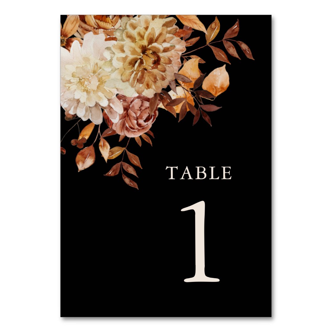 Modern Black Fall Botanical Wedding Table Number | Zazzle