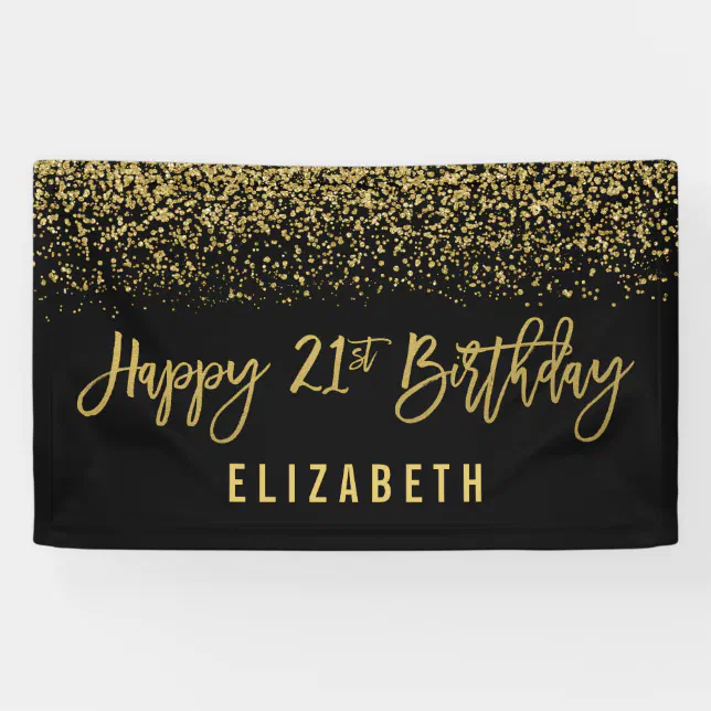Modern Black Faux Gold Glitter 21st Birthday Banner | Zazzle