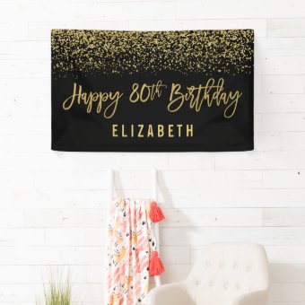 Modern Black Faux Gold Glitter 80th Birthday Banner | Zazzle