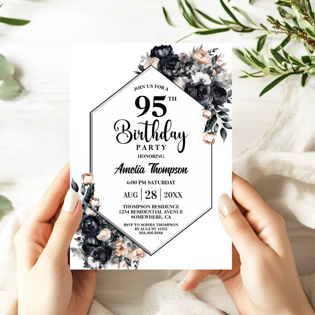 Modern Black Floral 95th Birthday Party Invitation | Zazzle