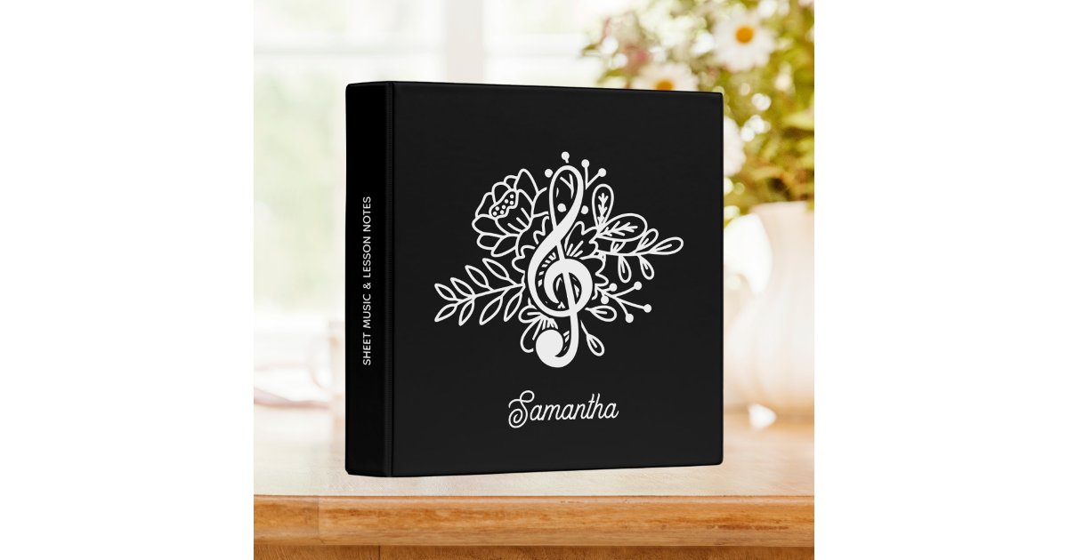 Modern Black Floral Treble Clef Music Lessons 3 Ring Binder | Zazzle