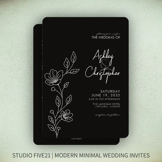 Modern Black Foliage Outline All-in-One Wedding Invitation | Zazzle