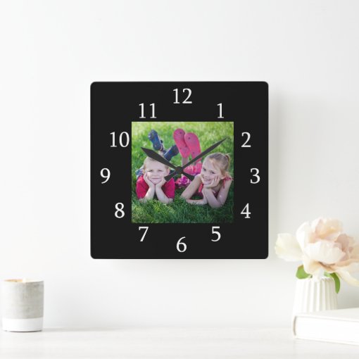 Modern Black Frame Custom Photo Square Wall Clock | Zazzle