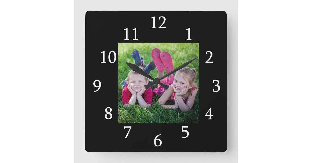 Modern Black Frame Custom Photo Square Wall Clock | Zazzle