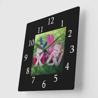 Modern Black Frame Custom Photo Square Wall Clock | Zazzle