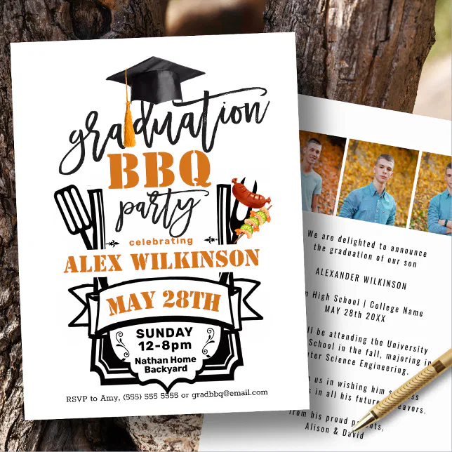 Modern Black Fun Script 3 Photo GRAD BBQ Party Invitation | Zazzle
