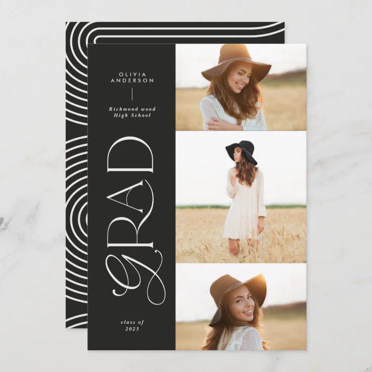 Modern black geometric 3 photo arch graduation announcement | Zazzle