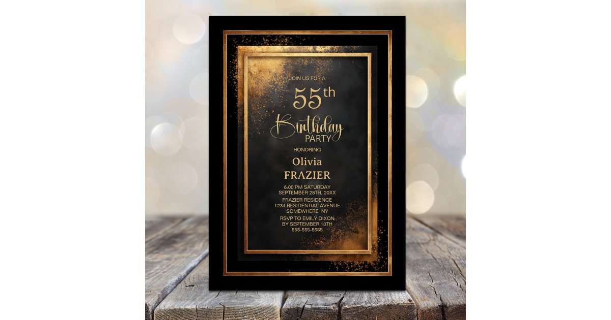 Modern Black Gold 55th Birthday Party Invitation | Zazzle